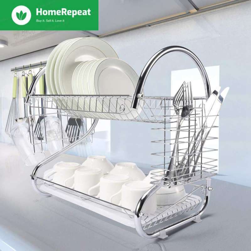 Jual rak piring stainless steel dua susun kitchen set dish drainer di ...