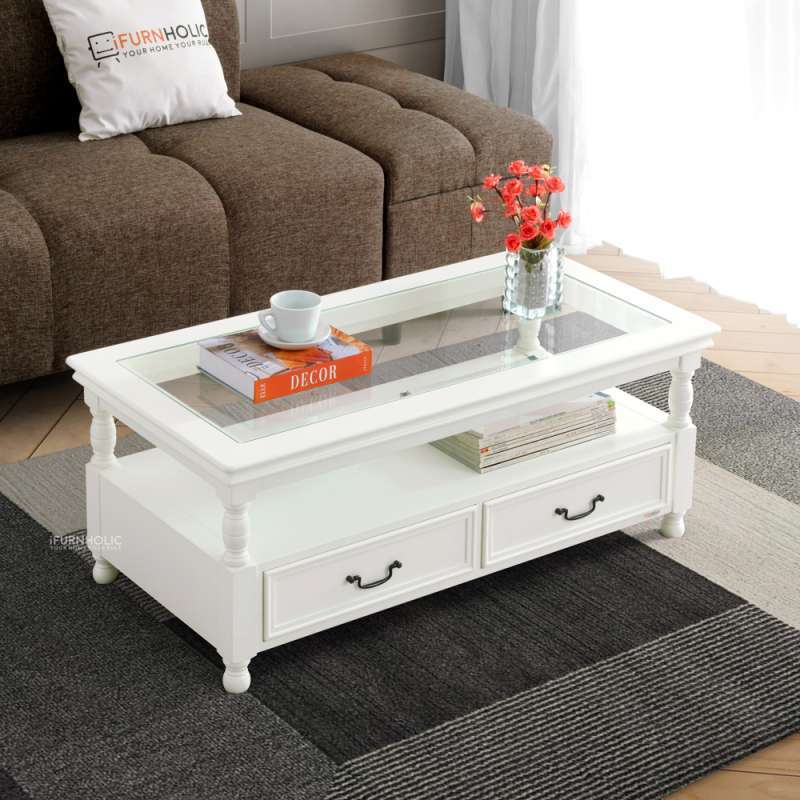 Promo IFURNHOLIC Madelyn Sofa Table | Meja Tamu Kaca Klasik Laci ...