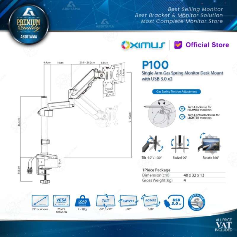 Promo Bracket Monitor Gas Spring Oximus P100 Tilt Swivel Rotate Usb 3.0 ...