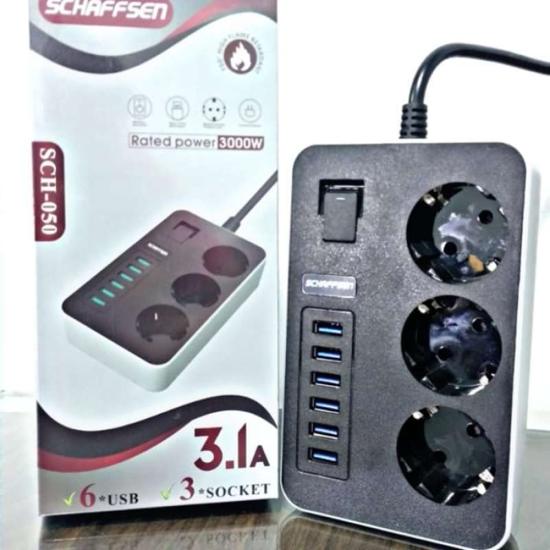 Promo Colokan listrik / terminal usb Schaffshen 3 socket + 6 usb 3.1A ...
