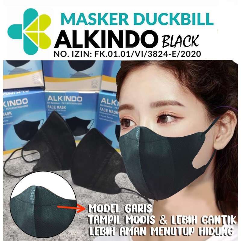 Jual MASKER DUCKBILL HITAM DEWASA ALKINDO 3PLY EARLOOP MEDIS ORIGINAL KEMENKES FACE MASK 3 PLY ...