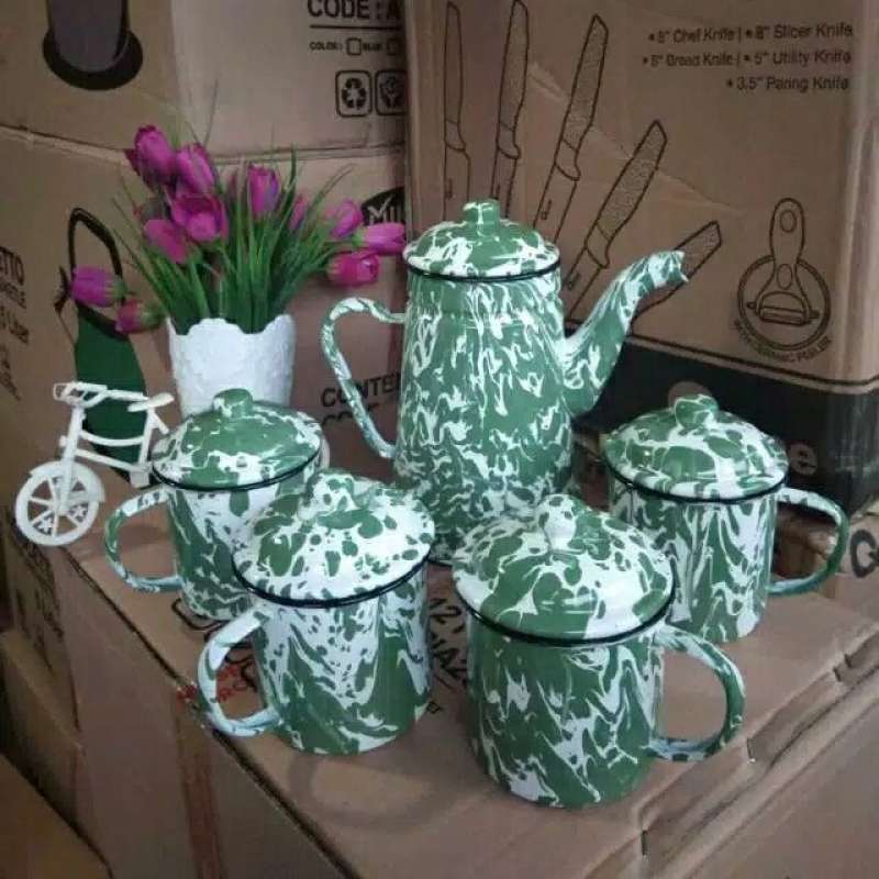 Promo Set Teko Gelas Tutup Enamel Blirik Hijau Jadul Diskon 23% di ...