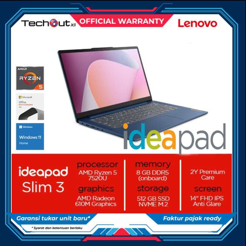 Jual Lenovo IdeaPad Slim 3 14AMN8 Ryzen 5 7520U 8GB 512GB W11 OHS Di Seller TECHOUT Tomang