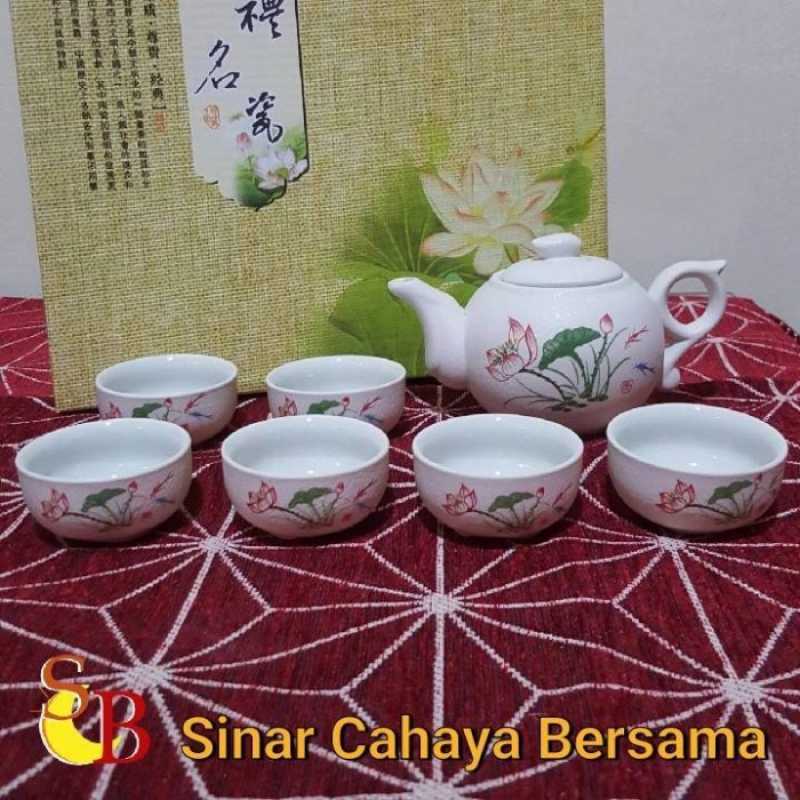 Jual Chinese Tea Set Keramik Putih Bunga Lotus Teko Plus 6 Cangkir Di ...