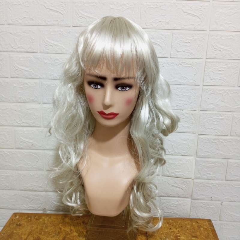 Promo Wig Pirang Putih Mengkilat Panjang Blonde Ikal Poni Gelombang ...