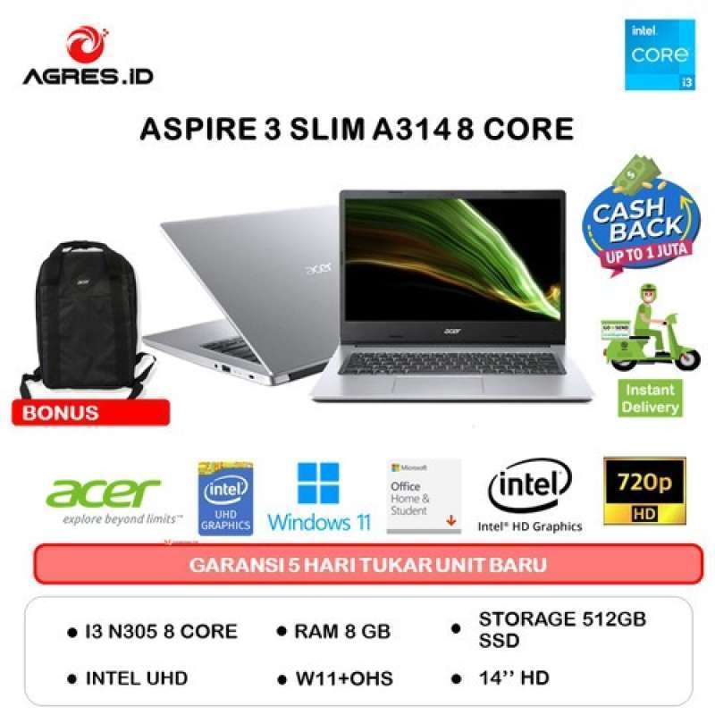Jual Acer Aspire 3 A314 I3 N305 (8 Core) 8gb/512ssd W11+ohs - Bundling ...