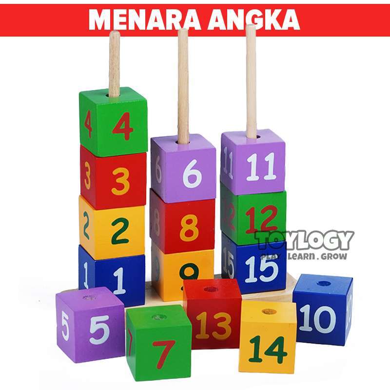 Promo Toylogy Mainan Kayu Edukasi Anak Menara Balok Angka Susun Kubus ...