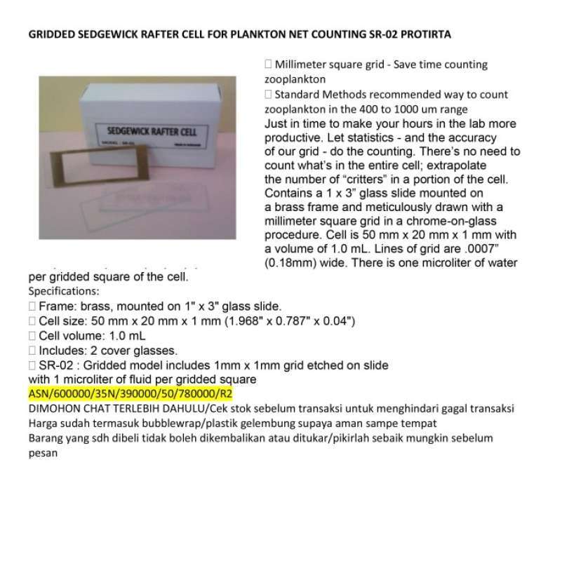 Promo GRIDDED SEDGEWICK RAFTER CELL o PLANKTON NET COUNTING SR-02 ...