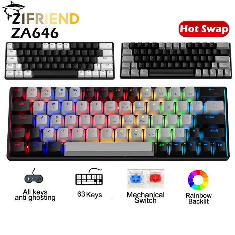 Promo ZIFRIEND 64 Keys Mechanical Keyboard RGB Backlit Hot Swappable ...