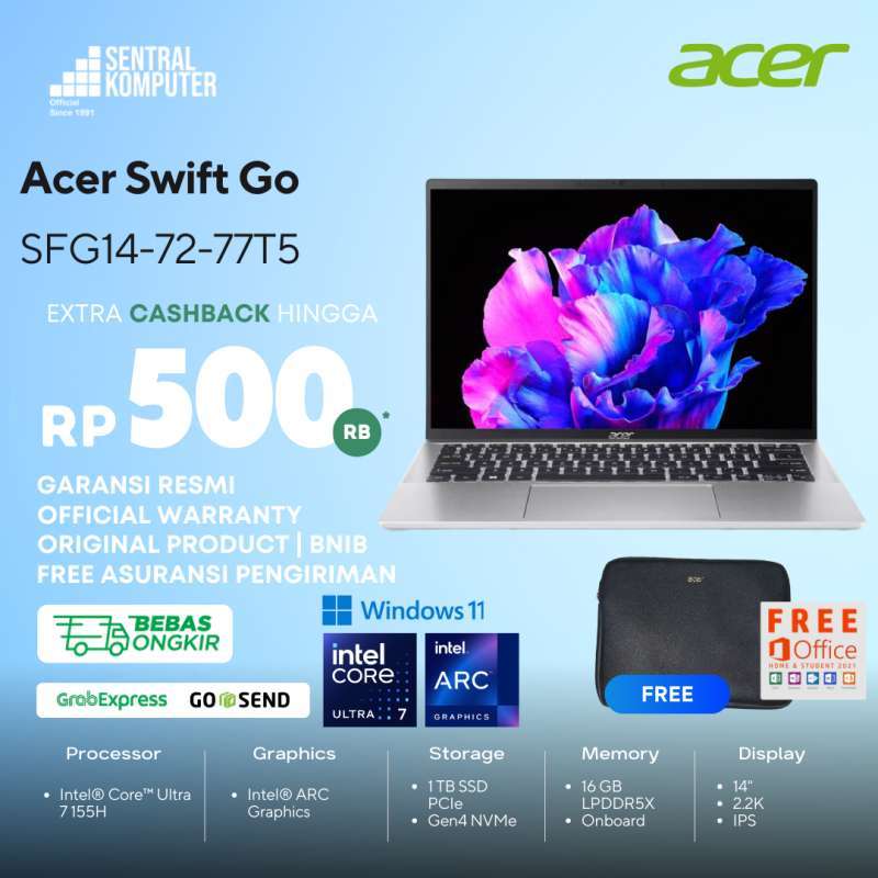Jual Acer Swift Go Sfg14-72-77t5 - Intel Core Ultra 7 155h Intel Arc ...