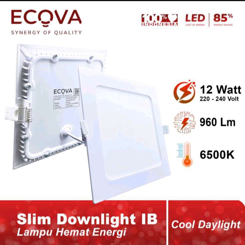 Jual ECOVA Lampu LED Slim Downlight IB Kotak - WARM WHITE 12 WATT di ...
