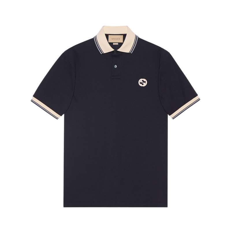 Promo Gucci Interlocking G Embroidered Cotton Polo Shirt Dark Blue ...