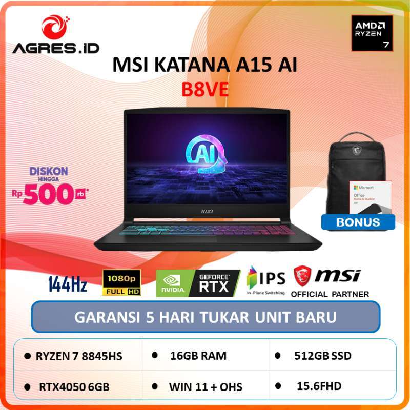 Promo MSI KATANA A15 AI B8VE RTX4050 6GB - RYZEN 7 8845HS 16GB 512GB 15.6 FHD 144HZ BLACK ...