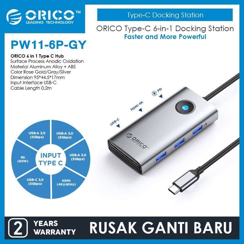Jual Orico Pw11-6p Usb Extension Type C 6 Port Usb Hub Usb A 3.0 5gbps Type C 3.0 5gbps Type C ...