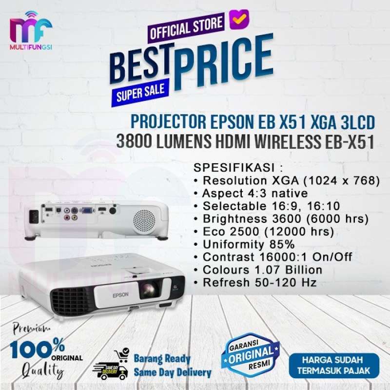 Promo Projector Epson Eb X51 Xga 3lcd 3800 Lumens Hdmi Wireless Eb-x51 ...