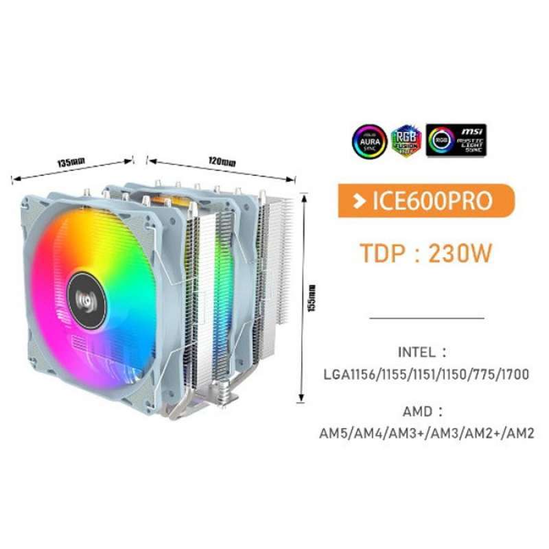 Promo Aigo Ice 600 Pro 6 Heat Pipe Dual Fan Cpu Cooler Argb Prosesor ...