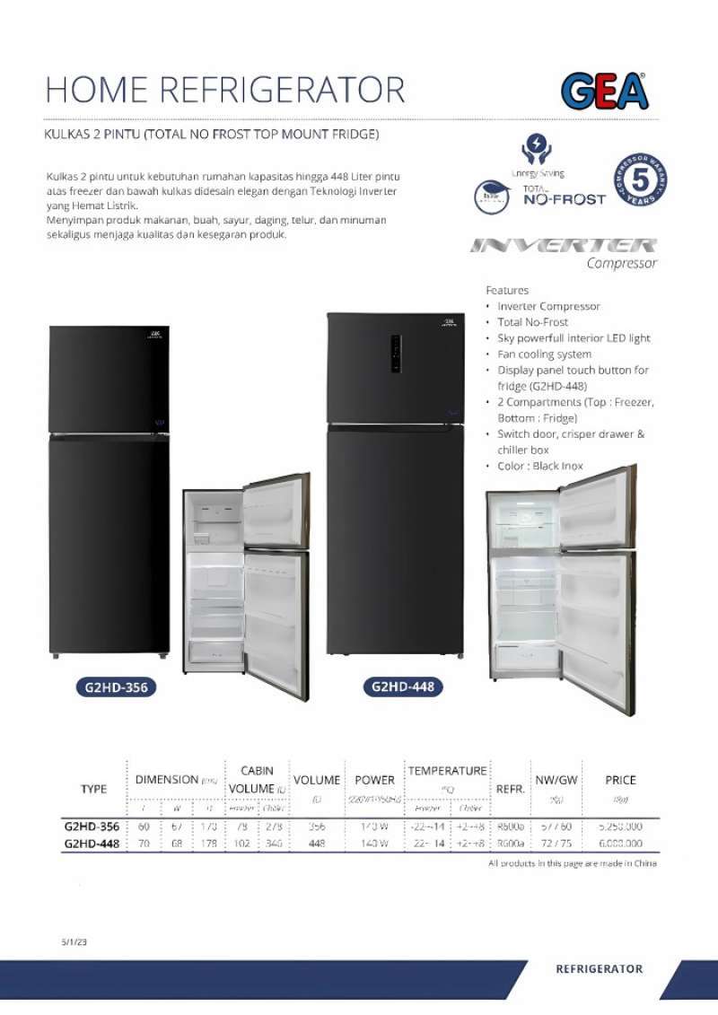 Jual GEA Kulkas 2 Pintu Inverter G2HD 356 | Refrigerator 2 Door G2HD356 ...