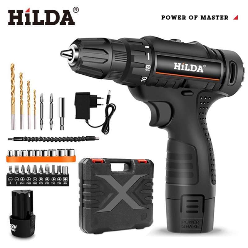 Promo Hilda Mesin Bor Baterai Tangan Cordless Drill 12v Bor Listrik Set