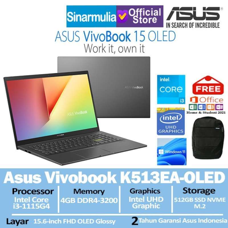 Promo Laptop Asus K513EA-OLED i3-1115G4 512GB SSD 4GB 15,6 Inch Win11 ...