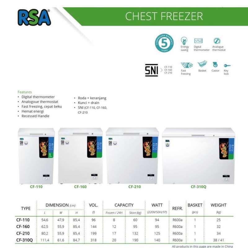 Jual FREEZER PETI / CHEST FREEZER RSA CF-310Q / 310 LITER di Seller CBR ...