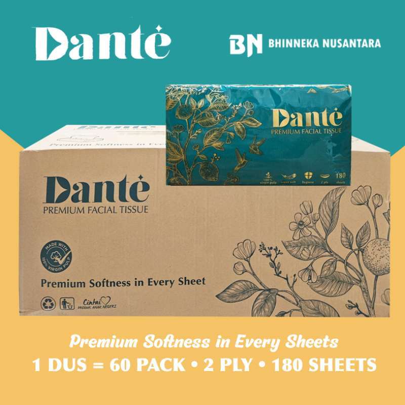 Promo Dante Premium Facial Tissue 180 Sheets - 1 Dus [60 Pack] Diskon 7 ...