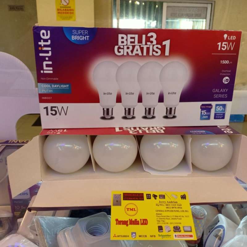 Promo lampu led bulb 15wat putih 6500k paket beli 3 gratis 1 inlite ...