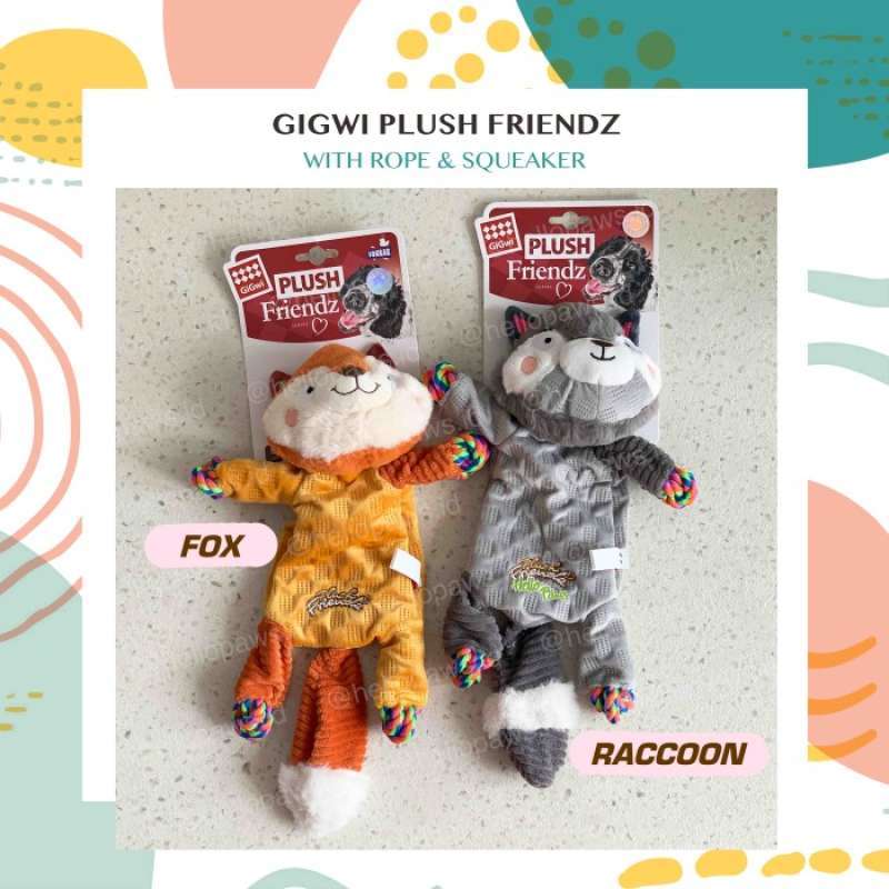 Promo GiGwi Plush Friendz Rope Squeak Fox Raccoon Dog Soft Toy Anjing ...