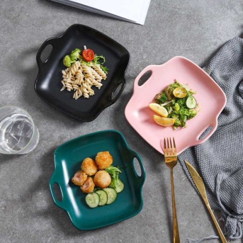 Promo Piring keramik model petak dengan telinga warna putih import ...