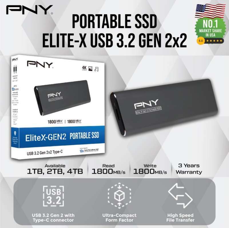Jual PNY CS2360 SSD External 1TB Elite - X USB 3.2 Gen 2x2 Portable SSD ...