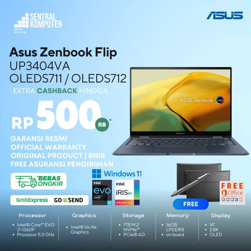 Jual Asus Zenbook Flip UP3404VA-OLEDS711/OLEDS712 - i7-1360P Iris Xe 16GB 1TB SSD Win 11 & OHS ...