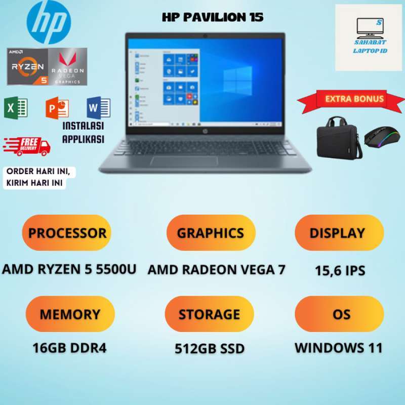 Promo LAPTOP HP PAVILION 15 AMD RYZEN 5 5500 16GB 512GB SSD VEGA 7 FHD ...