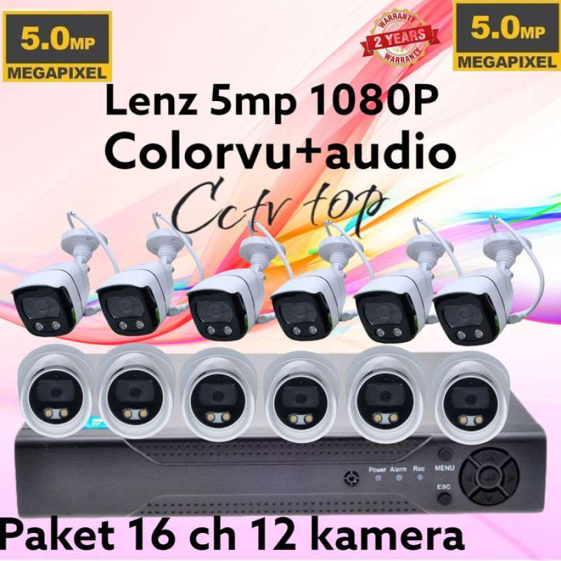 Promo Colorvu Audio-paket Cctv 16 Ch 12 Kamera Lenz 5mp Full Hd 1080p ...