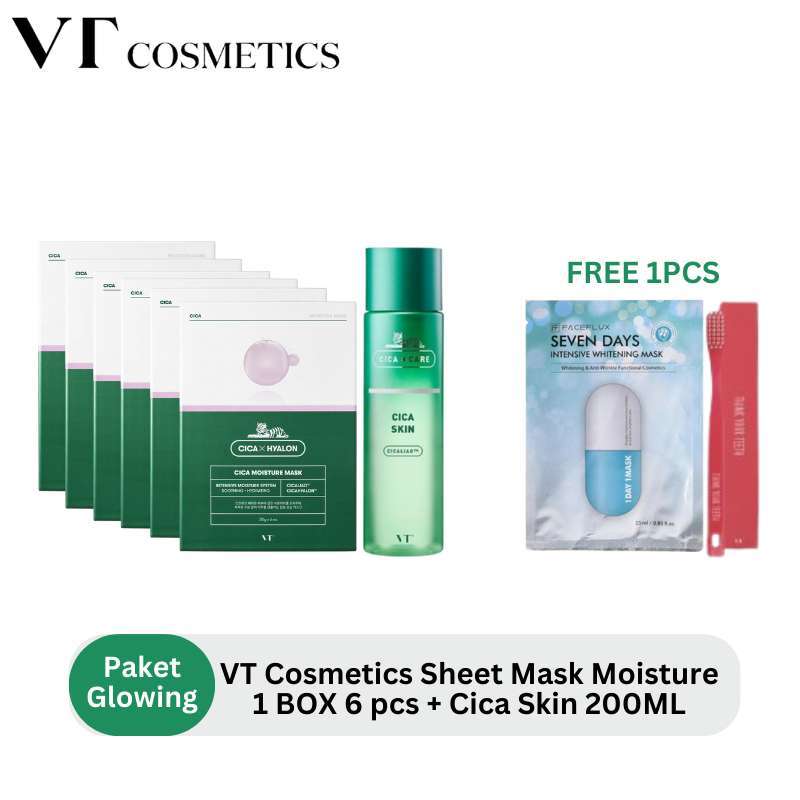 Promo [ Paket Glowing ] Vt Cosmetics X Cica Sheet Mask 1box 6pcs + Cica Skin Tonner 200ml + Free ...