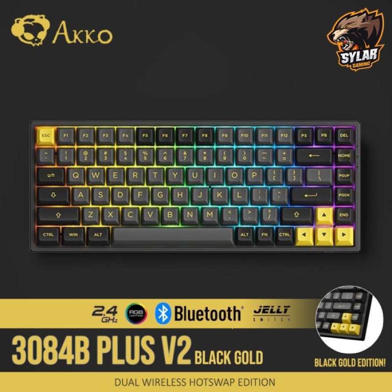 Promo Akko 3084B Plus V2 Black & Gold Hotswap Wireless Gaming Keyboard ...