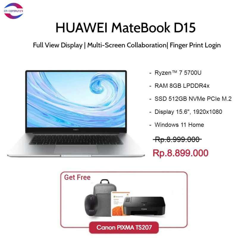 Promo Huawei Matebook D15 Ryzen 7-5700u 8/512gb, Full View Display 15 ...