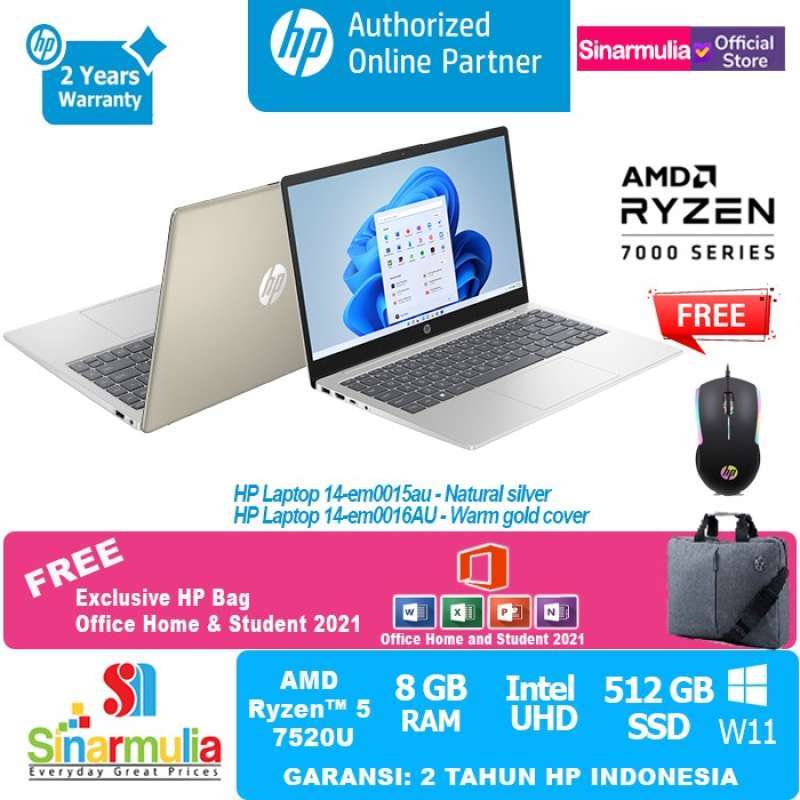 Promo Laptop HP 14-em0015au/16au Ryzen 5 7520U 512GB SSD 8GB Win+OHS ...