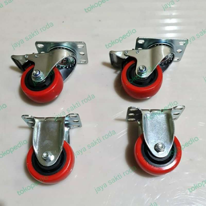 Promo Roda pu merah 3 inch ball bearing 2mutr+rem 2mati beban 400 kg ...