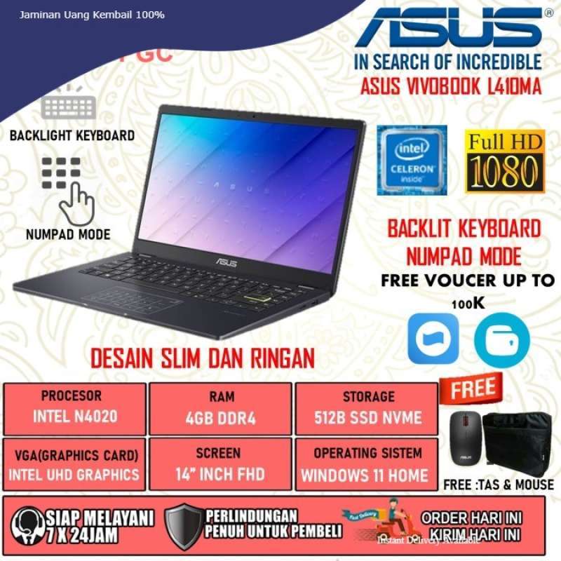 Promo Laptop Asus Vivobook l410ma Intel n4020 4gb 512gb ssd Windows 11 ...