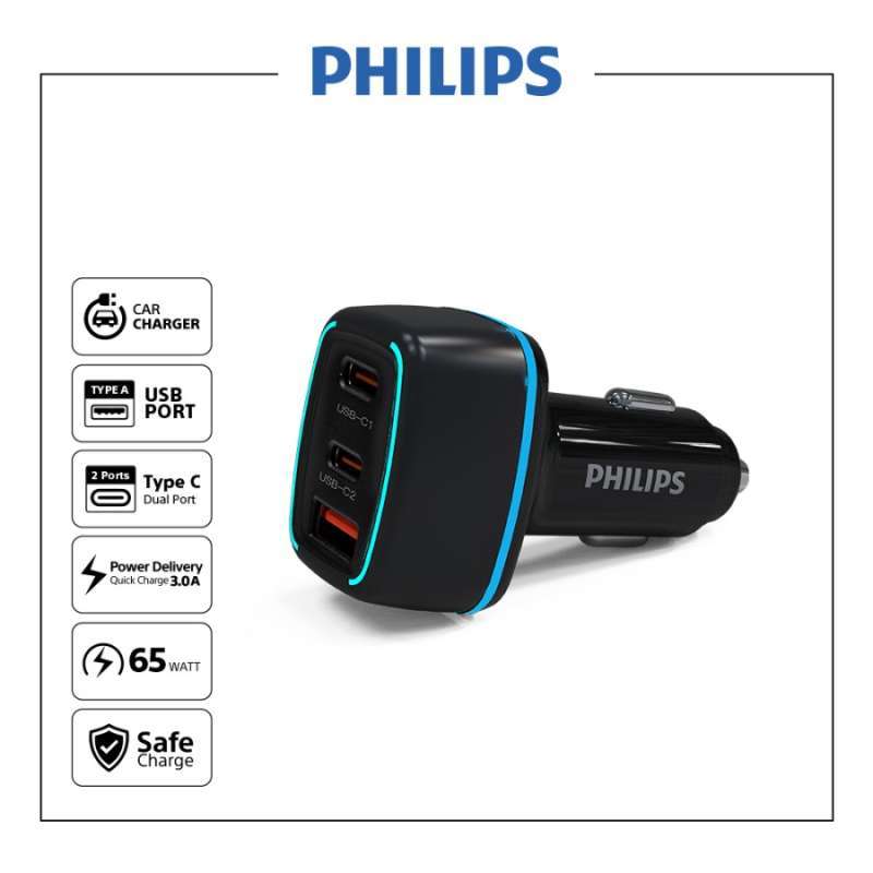 Jual Philips Dlp2557 Car Charger Mobil 65w Pd Qc 3 Ports Usb-a Type-c ...