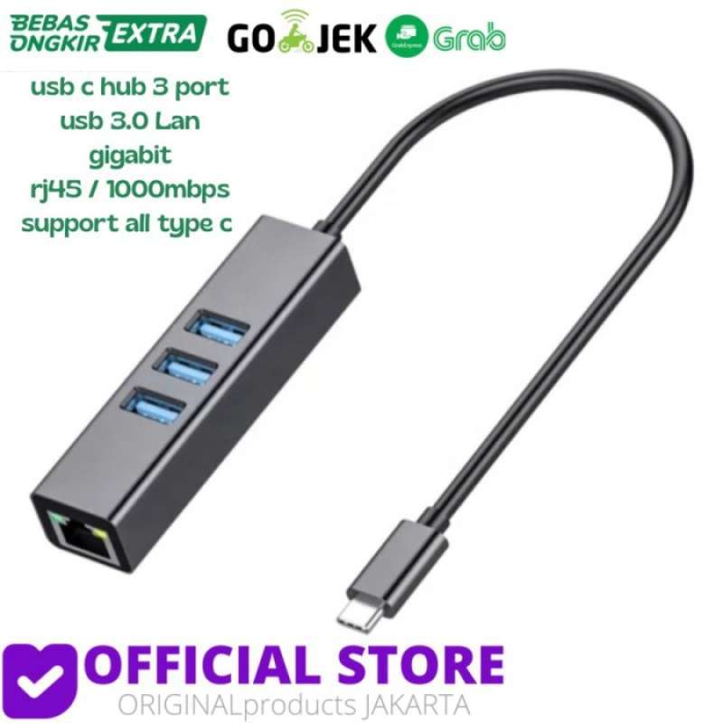 Promo Usb c to lan gigabit Rj45 3 hub 3.0 port Ethernet Adapter macbook ...