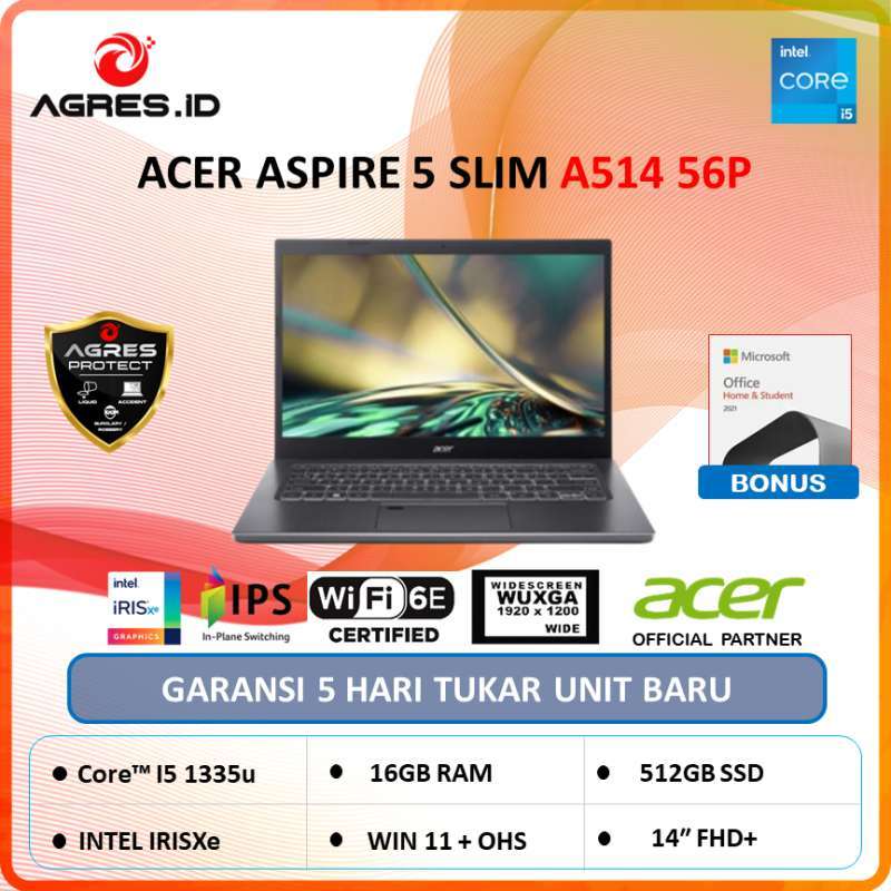 Promo Acer Aspire 5 Slim A514 56p - I5 1335 16gb 512gb 14.0 Fhd+ Win11 Ohs Grey - Bundling ...