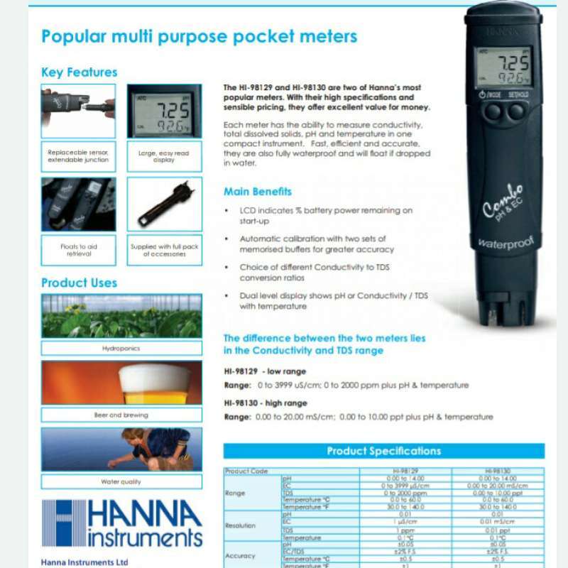 Promo Hanna Instruments Hi-98129 Pocket Ec/tds And Ph Tester, Low Range ...