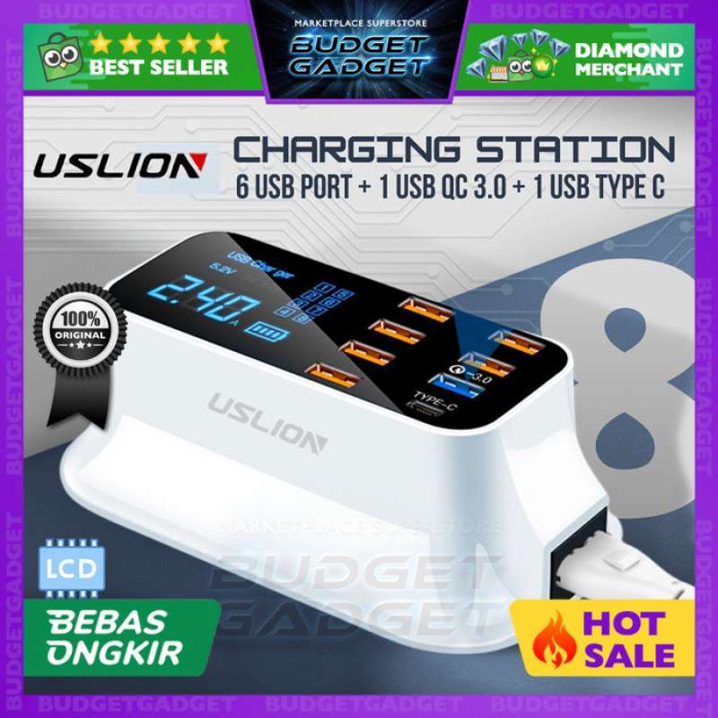 Promo Uslion 8 Port Charger Usb Charging Station Usb Type C + Type A ...
