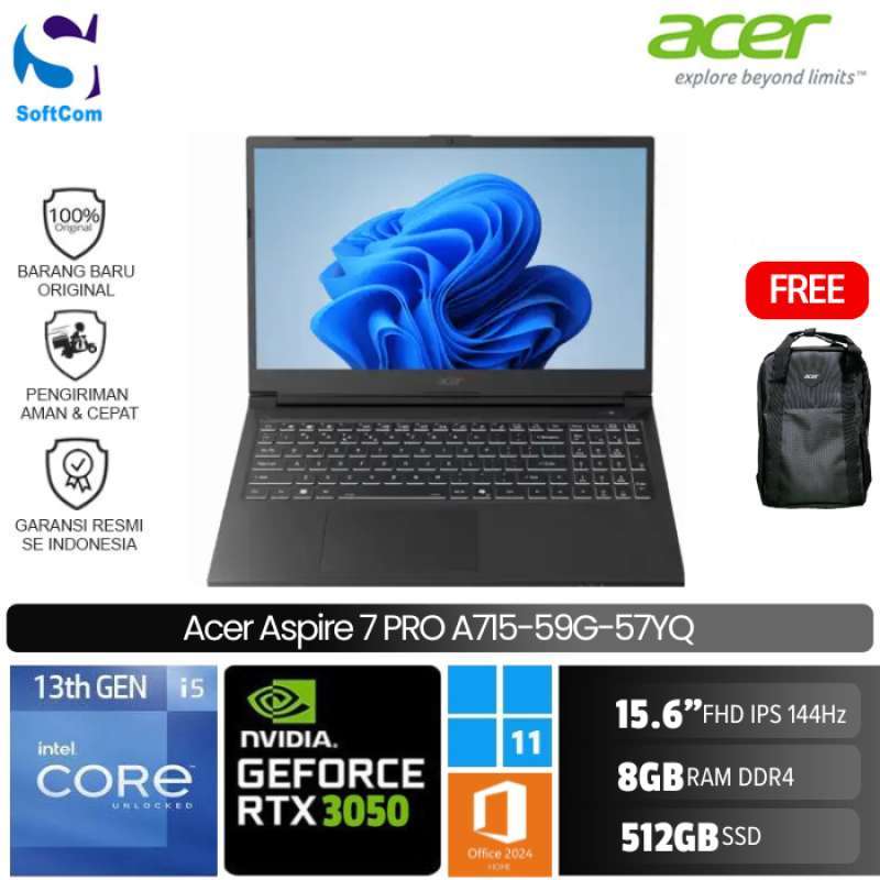 Jual Acer Aspire 7 Pro A715 59g 57yq I5 13420h/8gb/512gb Ssd/rtx3050 6gb/15.6 144hz/ W11 Di ...