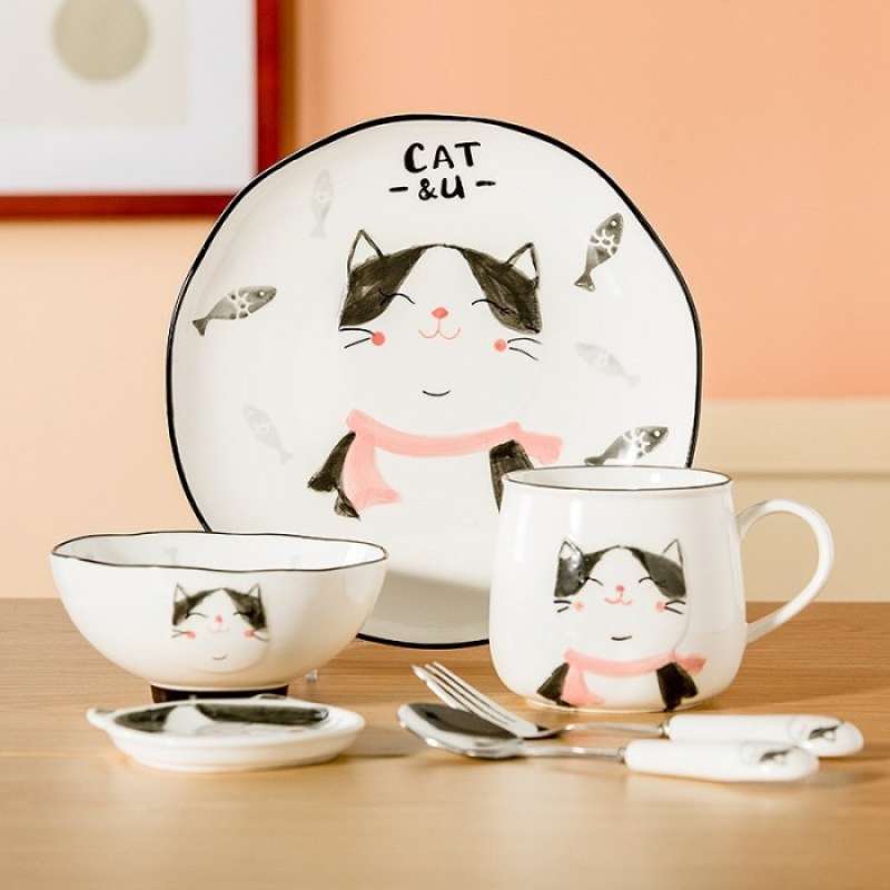 Jual 1 Set Peralatan Makan Keramik Motif Kucing Dan Sapi Super Cute di ...