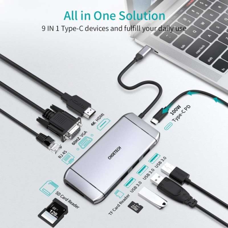 Promo Usb Hub Type C To Hdmi Rj45 Vga Adapter Choetech Hub-M15 9 In 1 ...