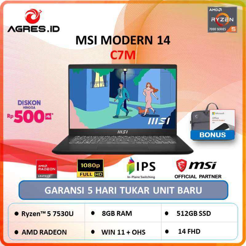 Promo MSI MODERN 14 C7M - RYZEN 5 7530 8GB 512GB 14.0FHD IPS WIN11 OHS BLACK - NON BUNDLING RAM ...