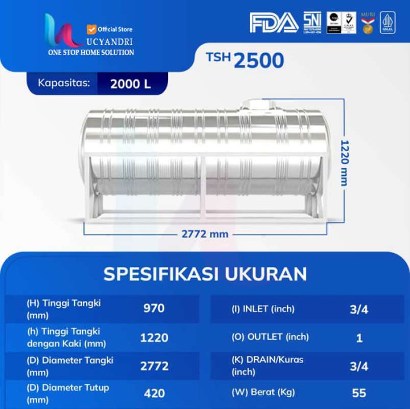 Jual Tangki Air Tandon Stainless Horizontal Grand Type Tsh 2500 Kap 2000 L Di Seller Lucyandri ...