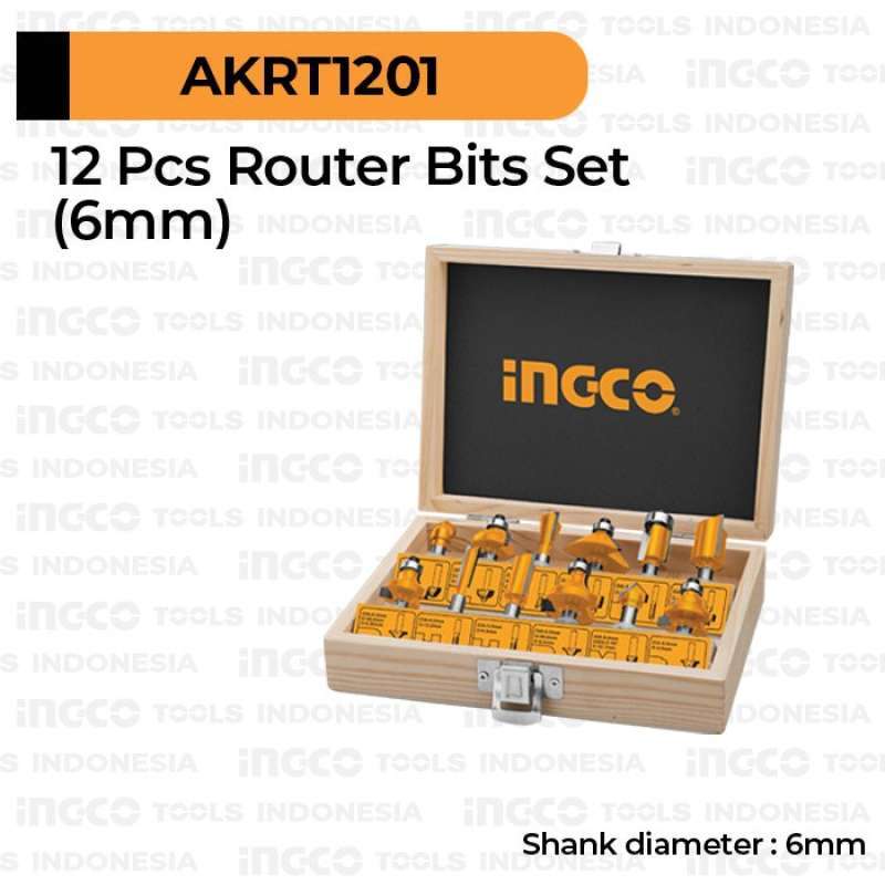 Promo 12-Pcs Router Bits (6mm) INGCO AKRT1201 Mata Mesin Router Profil ...