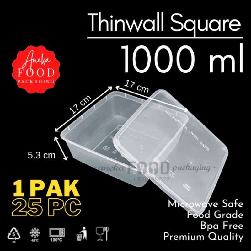 Jual Thinwall Kotak Sq 1000 Square Makan Container 1000ml Tahan Panas/25pc Di Seller Meikanza ...